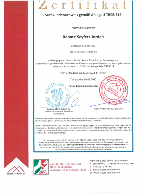 Sachkundenachweis gem. Anlage 3 TRGS 519 (Asbest) | Lafu GmbH